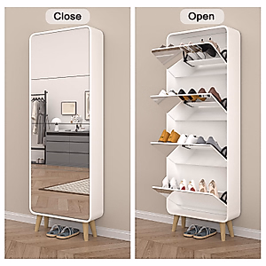 Organizedlife Mirror Shoe Cabinet with 4 Flip Drawers, Wooden Shoe Organizer with Solid Wood Legs, Full Length Mirror Shoe Rack, Narrow Shoe Storage Cabinet for Entryway