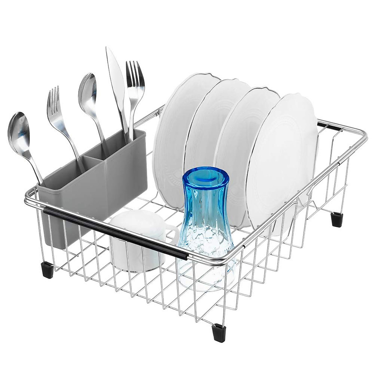 SANNO Plastic Black Utensil Silverware Storage Holder Caddy,Fit Kitchen Sink Drying Rack, Microfiber Dish Mat, Dish Drying Mat (Gray)