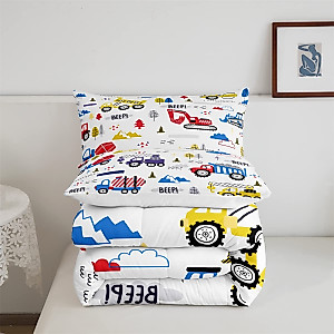 Kids Construction Truck Comforter Twin Size Boys Cartoon Cars Bedding Set Machinery Excavator Tractor Equipment Comforter Set 2Pieces Cute Vehicles Red Blue Yellow Quilt with 1 Pillowcase Boys