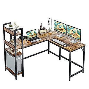 CubiCubi L Shaped Desk with Storage Shelves, Computer Corner Desk for Home Office, Writing Gaming Study Desk Table with Bookshelf, Space Saving, Brown