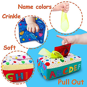 teytoy My First Baby Tissue Box, Soft Stuffed High Contrast Crinkle Montessori Square Sensory Toys Juggling Rainbow Dance Scarves for Toddler, Infants, Newborns and Kids Educational Preschool Learning