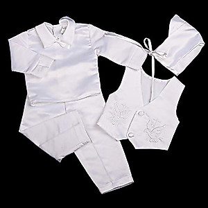 Dressy Daisy Newborn Baby Boys Baptism Christening Clothing Outfit White Satin Suit 4 Piece Set with Bonnet Size 0 Months Long Sleeve