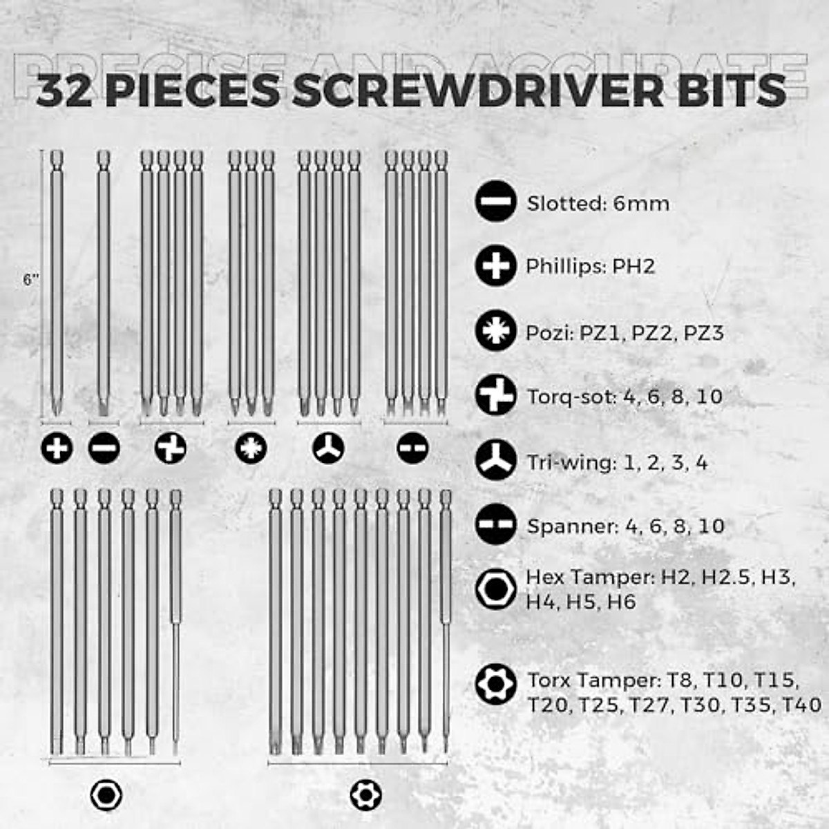 InPower Extra Long Security Power Bit Set, 32 Piece 6" Long Security Screwdriver Bit Set, 1/4" Shank, S2 Steel