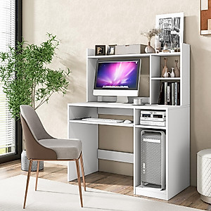 Tangkula White Desk with Hutch &Charging Station, Home Office Desk with Keyboard Tray & CPU Stand, Modern Laptop PC Desk, Space-Saving Writing Study Desk with Bookshelf, Ideal for Dorm Bedroom