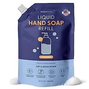 MaisoNovo - Liquid Hand Soap - Liquid Hand Soap Refill - Made in USA - Gentle & Natural - Non Toxic - Good for All Skin Types - Unscented Handsoap Refill - Pouch 32 oz