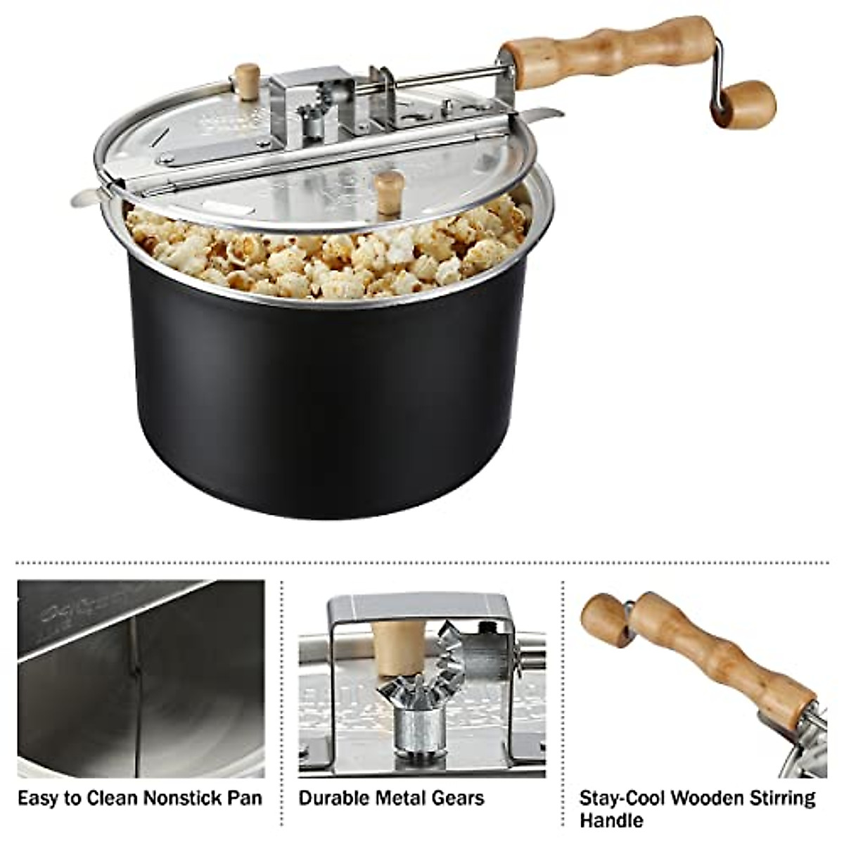 Stovetop Popcorn Maker – 6.5-Quart Popper Pan with Wooden Crank Handle and Internal Kernel Stirrer by Great Northern Popcorn (Black)