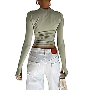 Women's Slim Fit Going Out Crop Tops Casual Solid Color Crew Neck Long Sleeve Tight Tee Shirt Basic Streetwear