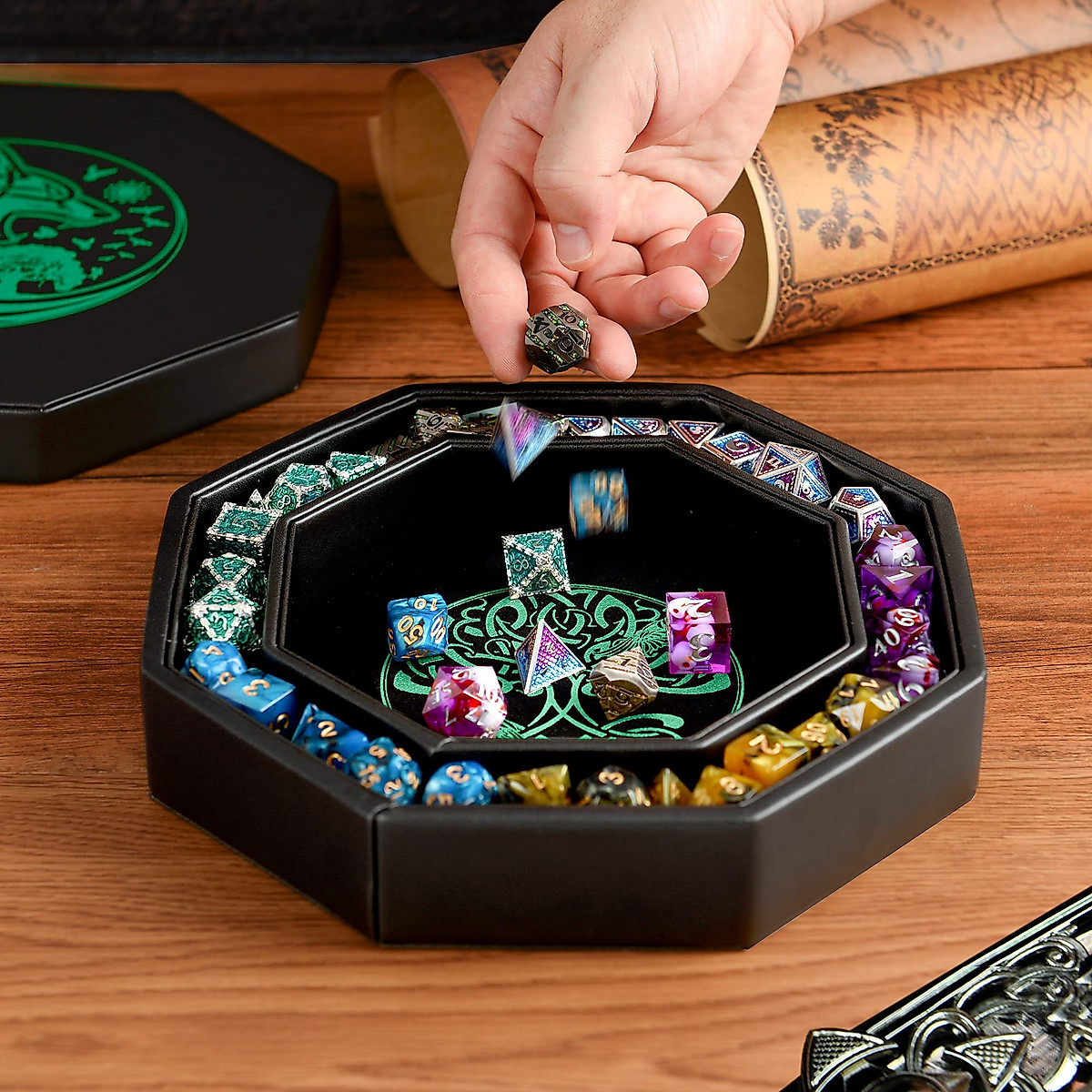 DND Dice Tray - Premium 8 Inch Tray for Dungeons and Dragons: Exquisitely Detailed Green World Tree & Wolf Raven Design - Perfect Rolling & Box Storage to Protect Your Dice for D&D and RPG