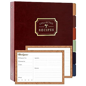 CAGIE Leather Recipe Binder with Plastic Sleeves Recipe Notebook with 5.7"x8" Recipe Cards & Card Divider 3 Ring Binder Recipe Book to Write in Your Own Recipes, 10.5"x12.5", Red Brown