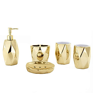 WYZQQ Luxury Gold Ceramic Bathroom Accessory Set, Bathroom Decor Including Soap Dispenser, Toothbrush Holder, Cup, Soap Dish, Tray - Creative Home Gift