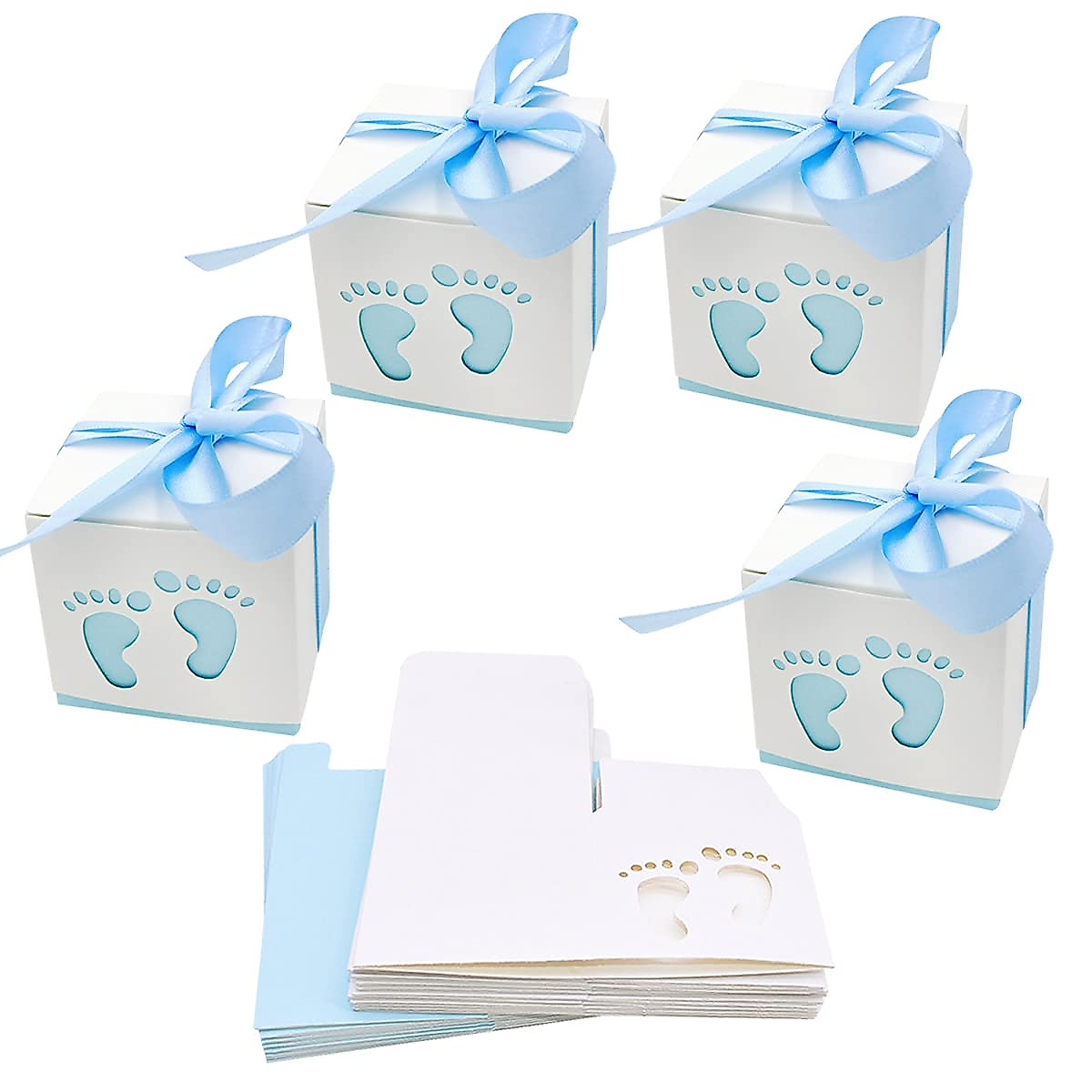 HADEEONG 50pcs Baby Shower Party Favor Boxes, 2.4 x 2.4 inch Small Candy Gift Treat Boxes Footprint Design for Kids Birthday Baby Shower Guests Wedding Party Supplies with Ribbon,Blue