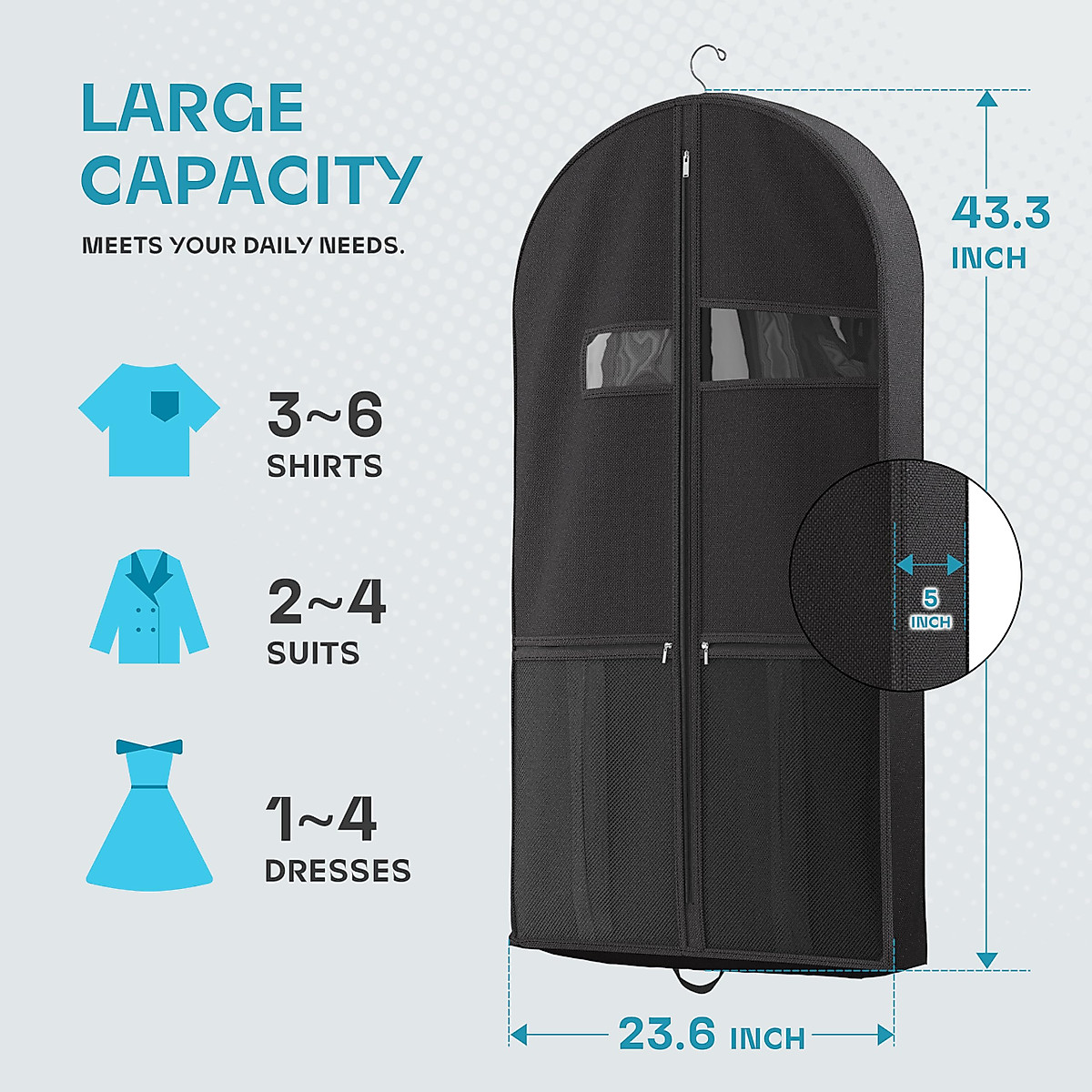 Lazebox 43" Travel Garment Bag with Accessories Zipper Pocket, Heavy Duty Suit Bag for Suits, Tuxedos, Dresses, Coats, Black, 1 pack