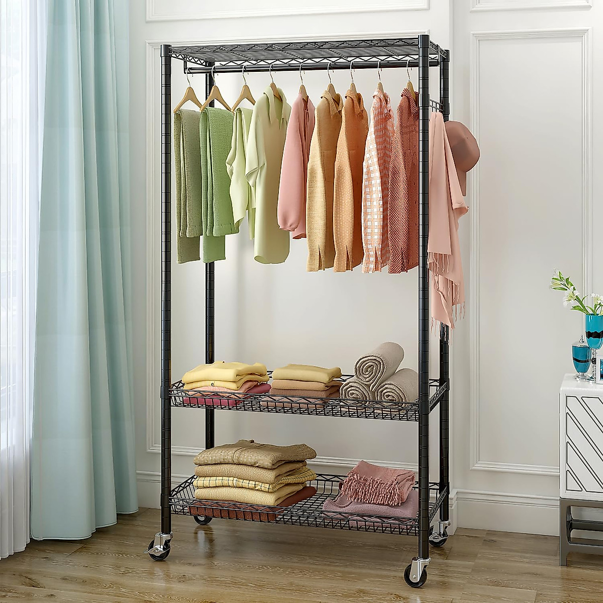 Heavy Duty Rolling Rack，Closet Organizer Metal Garment Rack Portable Clothes Hanger Home Shelf，Freestanding Closet Wardrobe (35.43x 17.72 x 72.83)