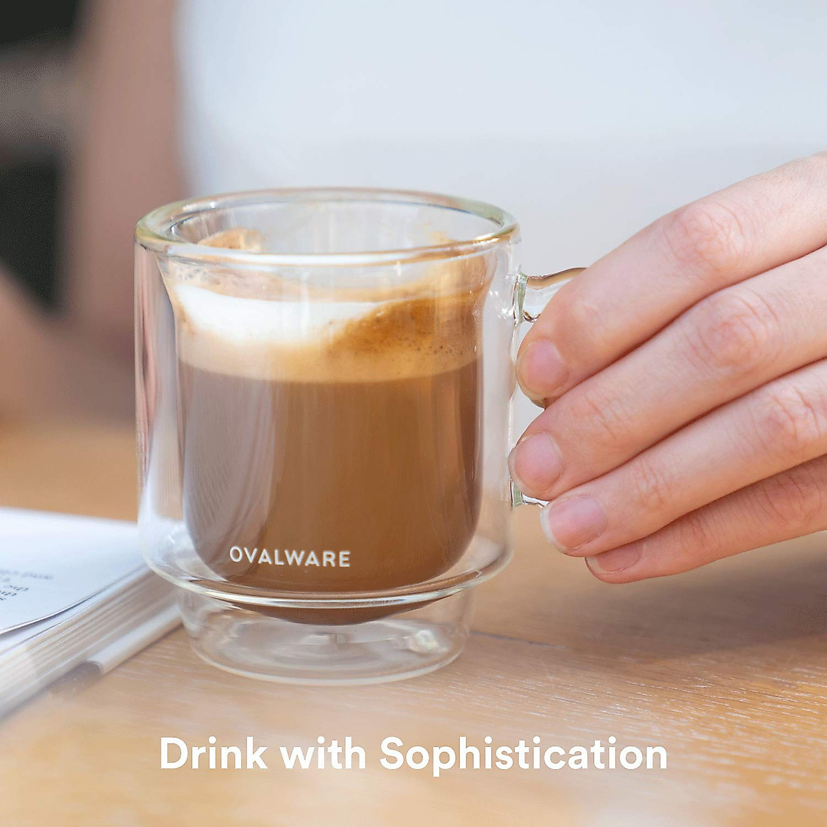 ovalware RJ3 Espresso Coffee Glass Cups 4oz/120ml (Set of 2) Double Walled Glass Cup w/Solid Butterfly Handle- Elegant Borosilicate Espresso Shot Mug - Stackable Insulated Transparent Demitasse Glass