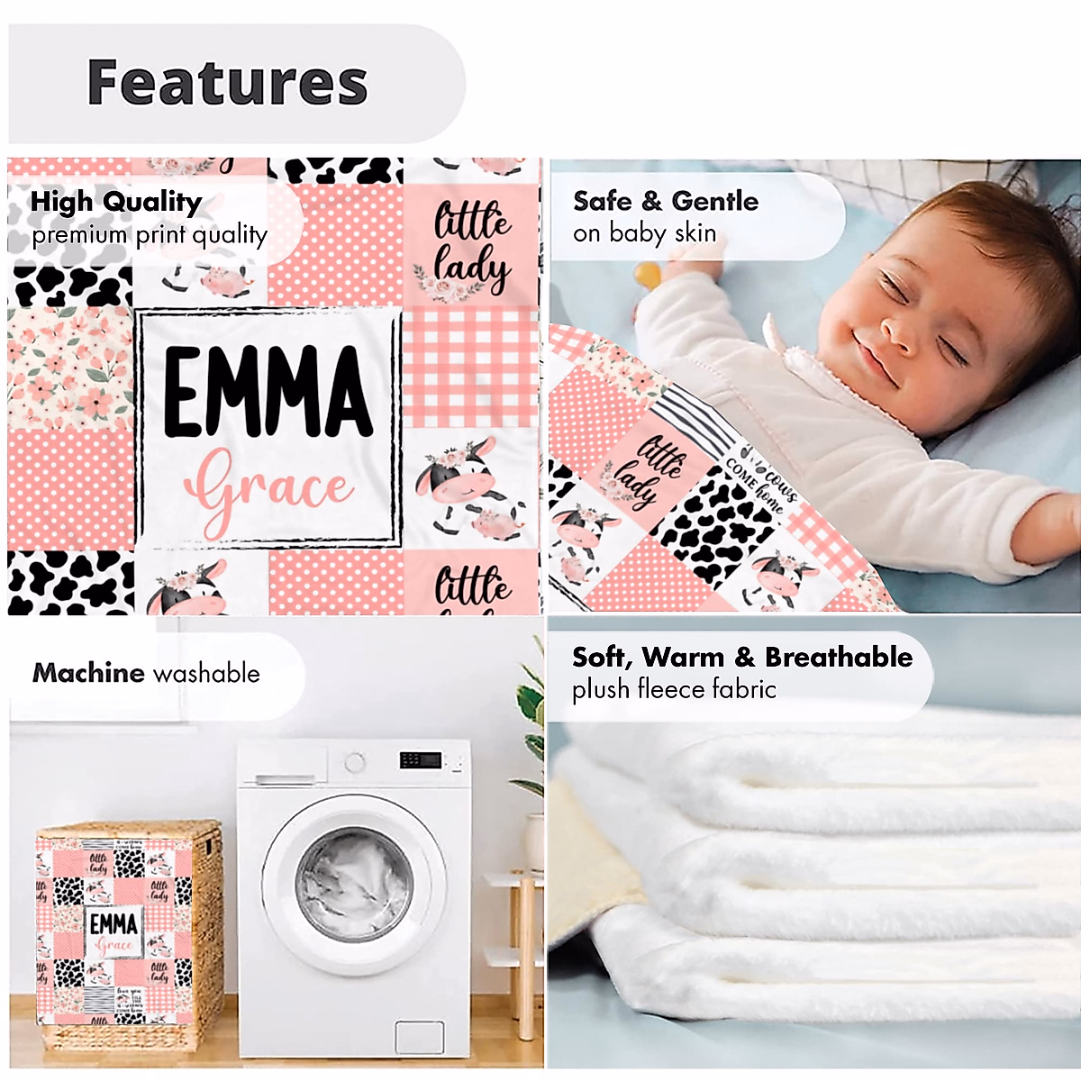 Kingdora Personalized Cow Baby Blanket, Cow Print Baby Blanket, Baby Girl Woodland Blanket, Animal Print Baby Blanket, Baby Zoo Animal Blanket, Baby Girl Blanket, Woodland Baby Blanket Girl