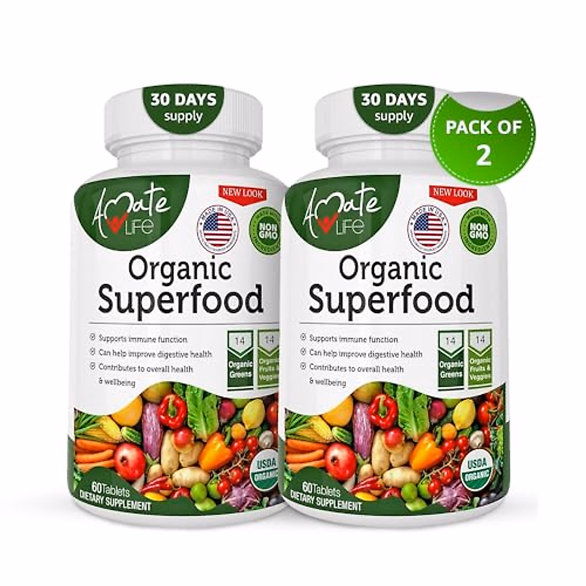 Organic Superfood Greens Fruits and Veggies Complex - Best Dietary Supplement with 14 Greens &14 Fruits & Vegetables with Alfalfa Rich in Antioxidants Organic Ingredients Non-GMO (120 Count Pack of 2)