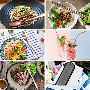 AARainbow 9 Pieces Stainless Steel Flatware Set Portable Reusable Cutlery Set Travel Utensils Set Including Chopsticks Knife Fork Spoon Straws Cleaning Brush Dishwasher Safe (9 Rose Gold)