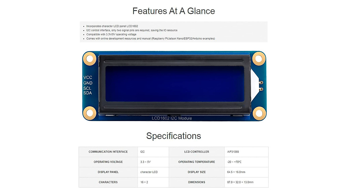 Waveshare LCD1602 I2C Module for Arduino/Raspberry Pi