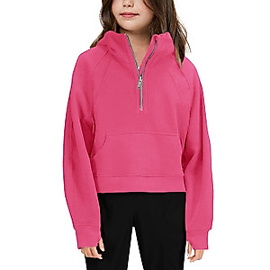 Girls' Hoodies Sweatshirts Half Zipper Pullover Crop Tops for Teen Girls Long Sleeve Sweater Thumb Hole Pink Red