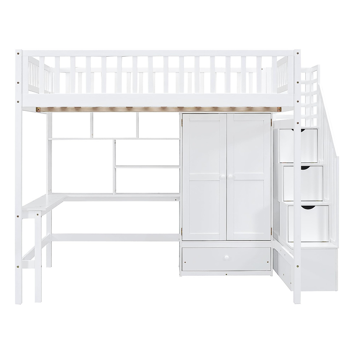 Harper & Bright Designs Full Loft Bed with Stairs and Wardrobe, Wooden Full Size Loft Bed with Desk Underneath, Loft Bed with Storage Staircase and Shelves for Girls Boys Teens,White