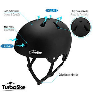 TurboSke Skateboard Helmet, BMX Helmet, Multi-Sport Helmet, Bike Helmet for Kids, Youth, Men, Women (Black, L/XL (22.8"-24"))