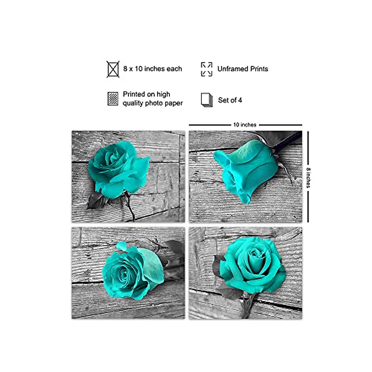 Light Blue Turquoise Floral Flowers Rose Wall Art Set, Home Decor - Poster, Print - Mothers Day, Anniversary Gift for Women - Shabby Chic, Rustic, Farmhouse Room Decorations for Living Room, Bedroom
