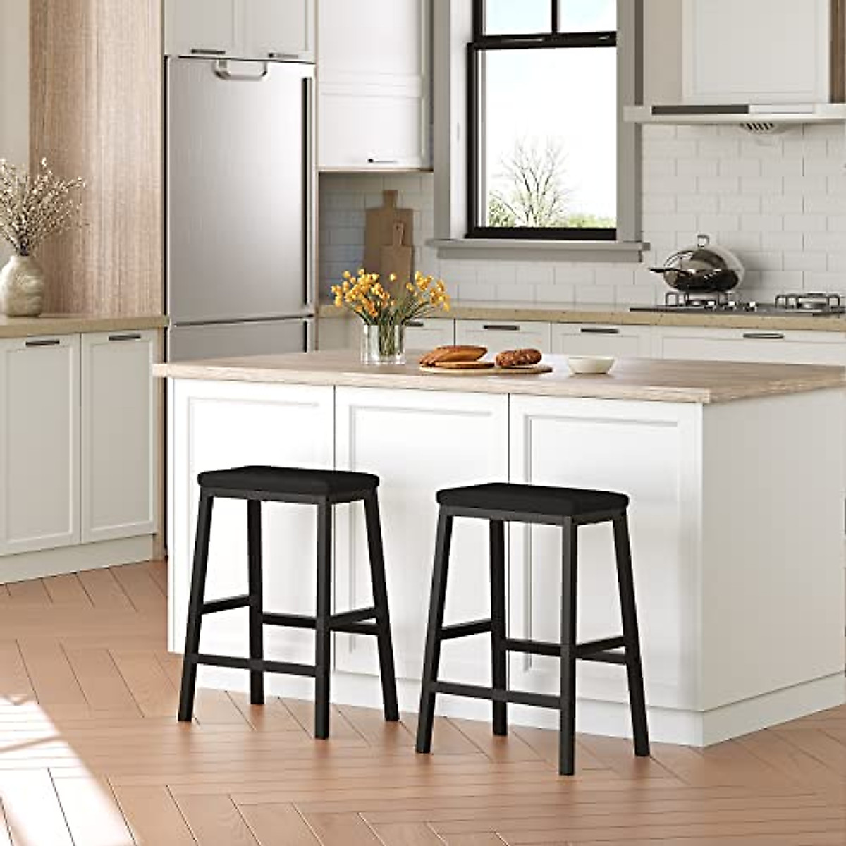 HOOBRO Bar Stools, Set of 2 Bar Chairs, PU Leather Upholstered Breakfast Stools, Easy Assembly, Suitable for Kitchen, Bar, Dining Room, Black BB01MD01