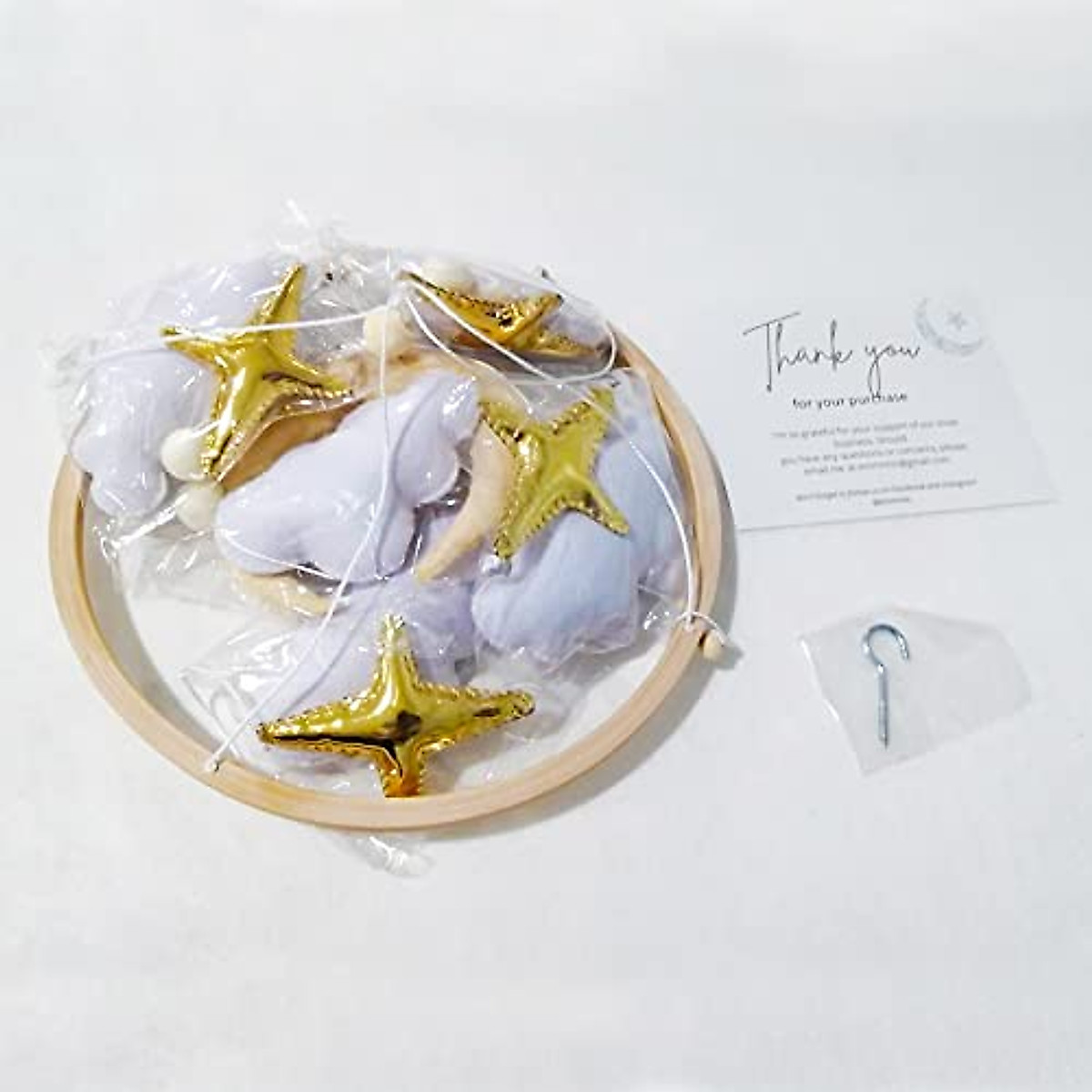 Handmade Baby Mobile for Crib - Modern Boho Baby Mobile - Nursery Mobile for Girl or Boy - White Clouds - Gold Stars - Beige Moon