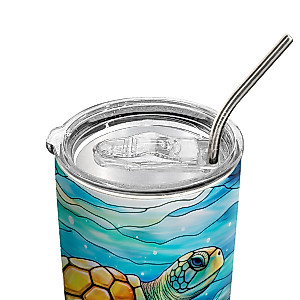 20oz Blue Stained Glass Flower Sea Turtle Tumbler, Gifts for Turtle Lovers, Ocean, Beach Gifts, Coffee Thermos for Women, Stainless Steel Double Wall Vacuum Insulated Coffee Mug, Travel Cup with Lid