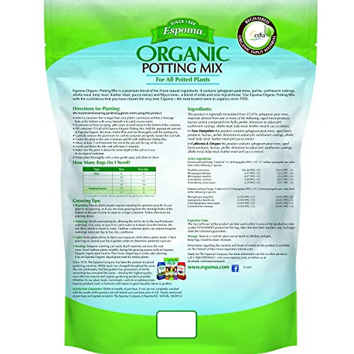 Espoma Organic Potting Soil Mix - All Natural Potting Mix For All Indoor & Outdoor Containers Including Herbs & Vegetables. For Organic Gardening, 8qt. bag. Pack of1