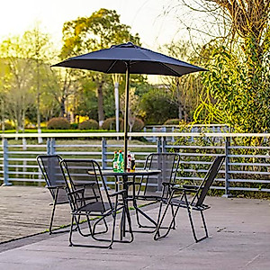 ALLINLIFE 6 PCS Outdoor Patio Furniture Set with Umbrella 4 Folding Chairs & Glass Table Garden Patio Table and Chairs Dining Set for Bistro,Deck,Black (Round Table Set)