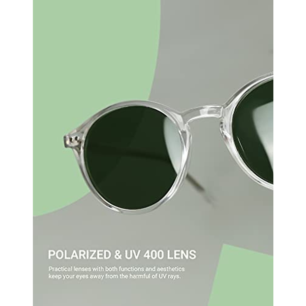 TIJN Polarized Colored Sunglasses for Womens Mens,Retro Small Round Frame,UV400 Protection Tinted Lens Sunnies(Clear+Green)