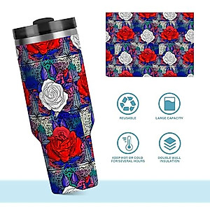 SDMKA 40oz Stainless Steel Tumbler with Straw and Handle, Vacuum Insulated Double-Walled Travel Mug, BPA-Free Leakproof Cup for Hot/Cold Beverages, Bold Red Roses
