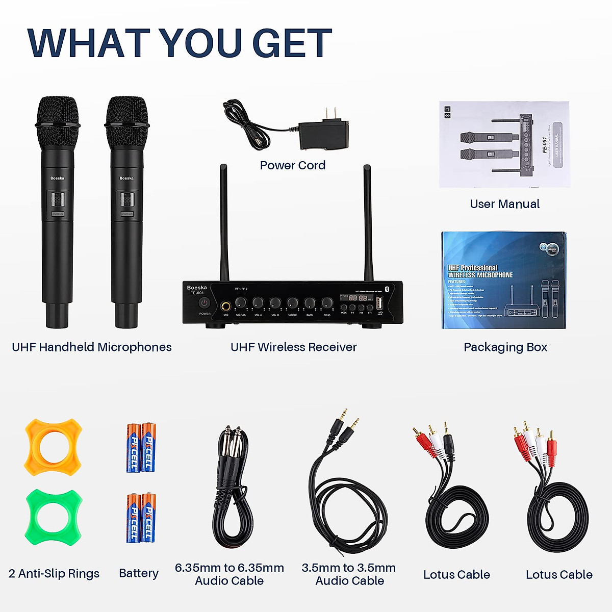 Wireless Microphone System UHF Dual Cordless Handheld Microphones Set for Home Karaoke, Singing, Speech, Party, Meeting, Church, 262ft Range (Black (w Battery))