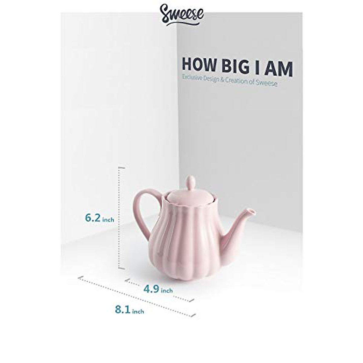 Sweese 222.108 Ceramic Teapot Pumpkin Fluted Shape, Pink - 28 Ounce