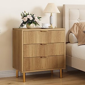 GarveeHome Natural Dresser, Modern 3 Drawer Dresser for Bedroom with Gold Handle and Large Drawer, Wood Double Chest of Drawers and Storage Organizer for Living Room, Hallway, Entryway
