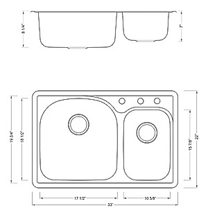 CozyBlock 33 x 22 x 8 Inch 70/30 Offset Top-mount/Drop-in Stainless Steel Double Bowl Kitchen Sink with Strainer and Protective Bottom Grid - 18 Gauge Stainless Steel-3 Faucet Hole