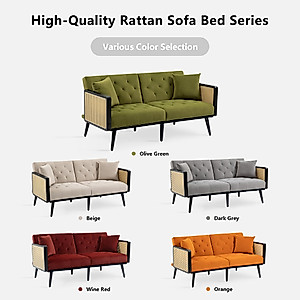 Dolonm 62 Inch Velvet Sofa with Rattan Armrests and 2 Pillows, Loveseat Sofa with Metal Feet, Modern Convertible Futon Couch, Multi-Functional Sofa Bed, Accent Sofa for Living Room, Olive Green