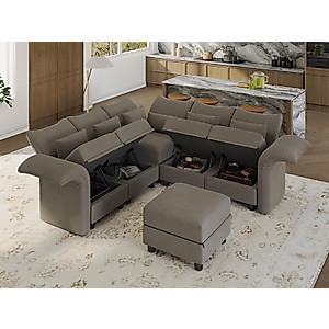 LLappuil Velvet Modular Sectional Sofa L Shaped Corner Couch with Storage Chaise, 102.2" 6-Seater Oversized Sofa with Ottoman, High Back Recliner Sleeper Couches, Anti-Scratch Brown