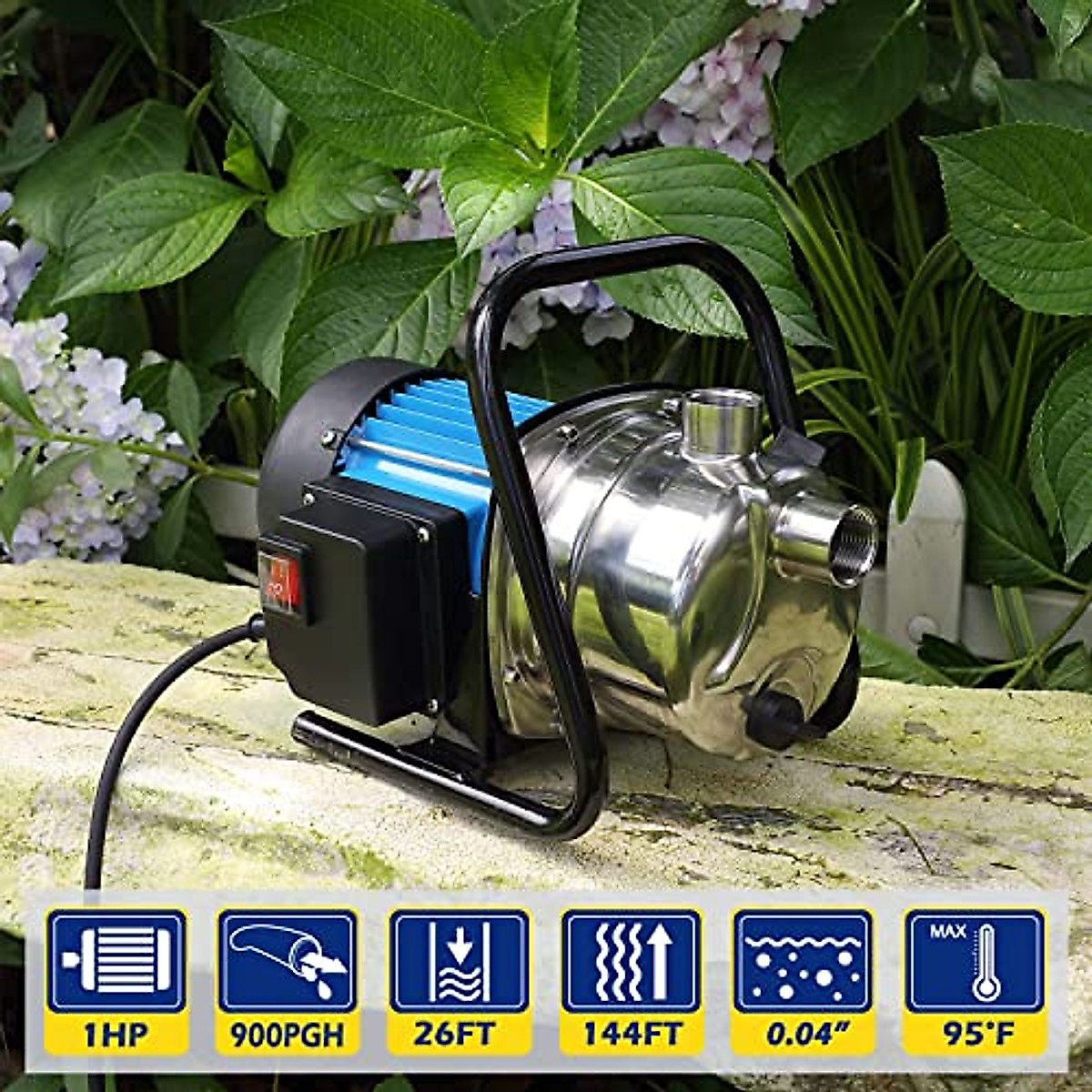 FLUENTPOWER 1 HP Portable Stainless Steel Sprinkler Booster Pump, Electric Shallow Well Pressure Pump for Home Garden Lawn Irrigation and Water Transfer, 13 ft Intake Hose with check valve included