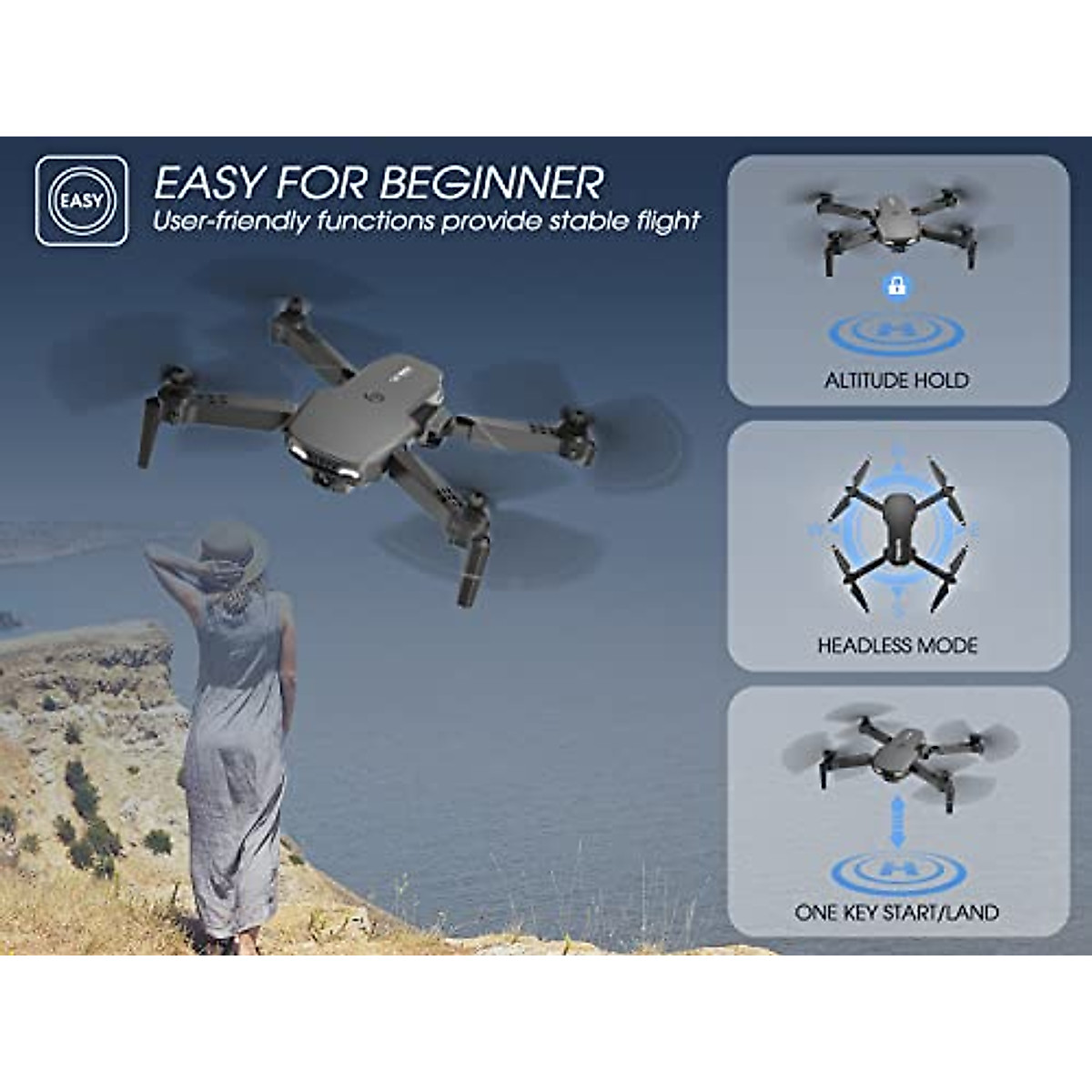 NEHEME NH525 Foldable Drones with 1080P HD Camera for Adults, RC Quadcopter WiFi FPV Live Video, Altitude Hold, Headless Mode, One Key Take Off for Kids or Beginners with 2 Batteries, Upgraded Version