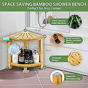 ETECHMART Bamboo Corner Shower Stool for Shaving Legs Foot Rest, Waterproof Bath Bench Seat with Storage Shelf and Soap Dish for Bathroom Inside Shower, Use as Small Corner Table Step Stools, Bamboo
