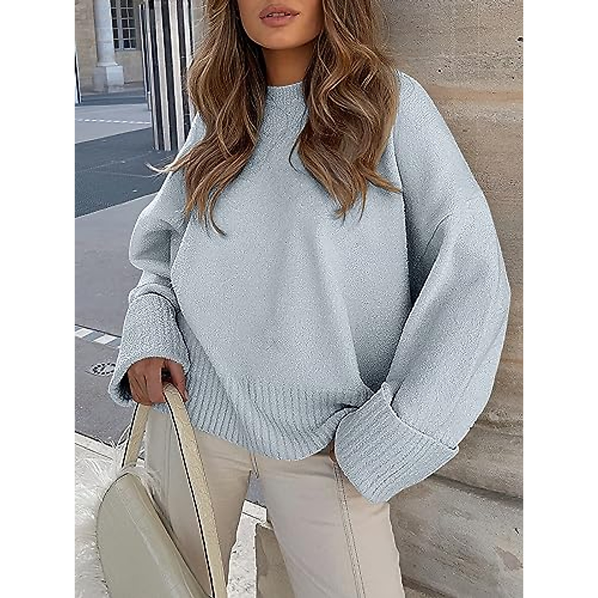 ANRABESS Women's Oversized Crewneck Long Sleeve Fuzzy Knit Casual Chunky Warm 2025 Fall Pullover Sweaters Top Trendy Outfits Light Blue Small