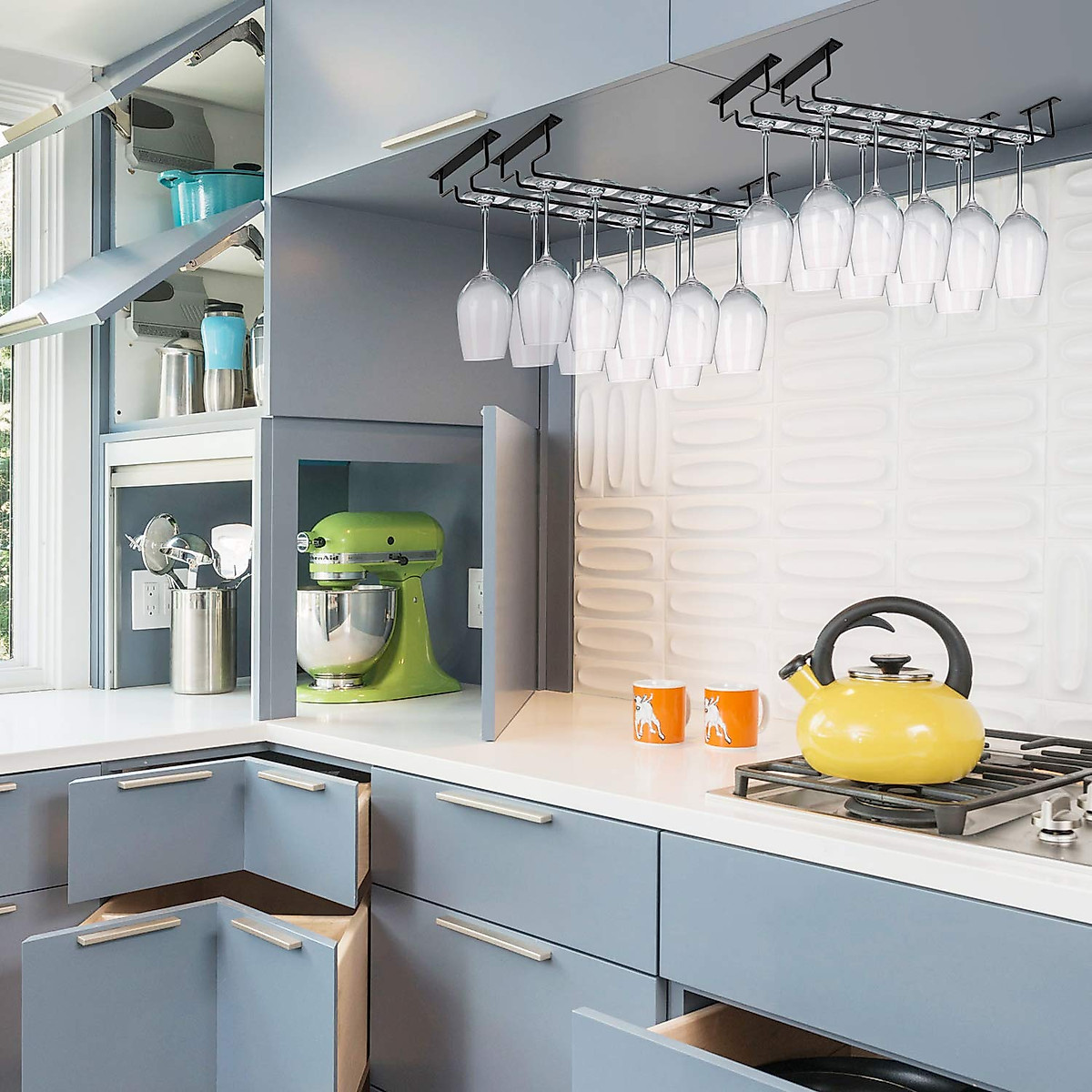 MOCOUM 4 Pack 15.6" Wine Glass Rack Under Cabinet Stemware Rack, Wine Glass Hangers Rack Wire Wine Glass Holder Storage Hanger Hold Up To 10 Wine Glasses for Cabinet Kitchen Bar (Black, 4 pack)