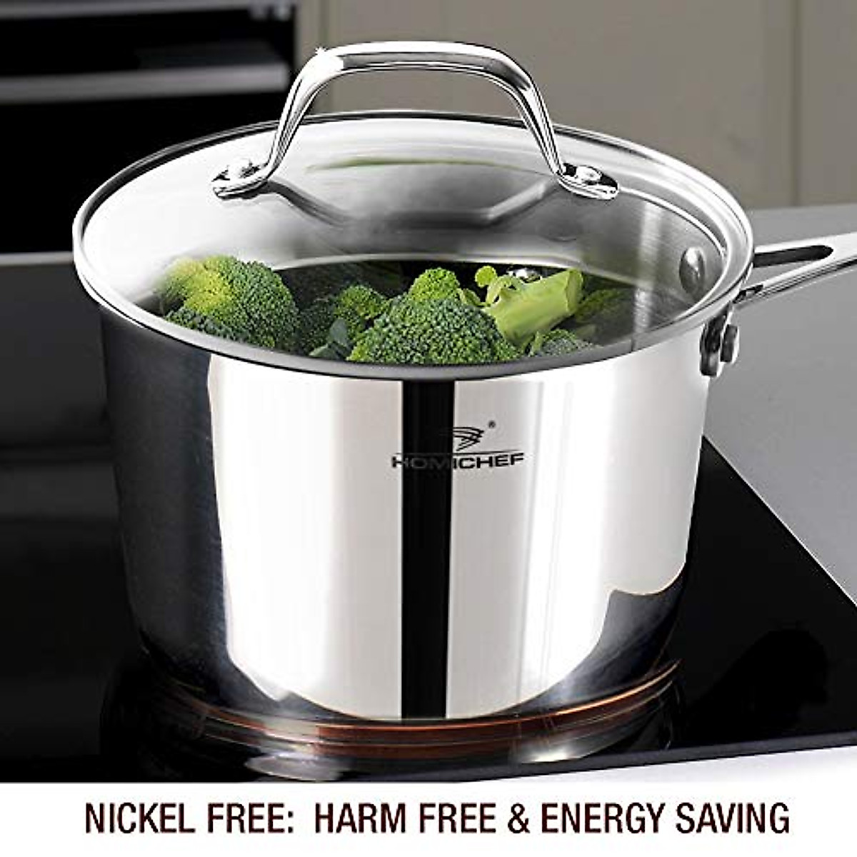 HOMI CHEF Mirror Polished NICKEL FREE Copper Band Stainless Steel 2.5 QT Sauce Pan with Glass Lid (No Toxic Non Stick Coating, 7 Inch) - Cookware Set - Cookware Pots And Pans Sets