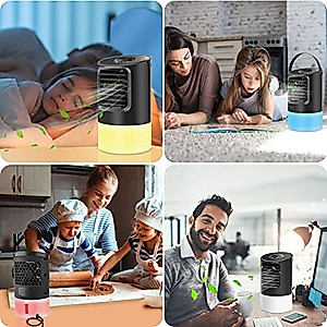 OVPPH Portable Air Conditioner Fan, Personal Evaporative Cooler Mini Desk Cooling Fan with Handle, 3 Speeds, Timer, 7 LED Light Circulator Humidifier Misting for Bedroom Home Office, Fashion Black