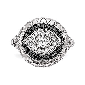 Jewelry By Sweet Pea Sterling Silver Rhodium-Plated Black And White Cz Evil Eye Ring