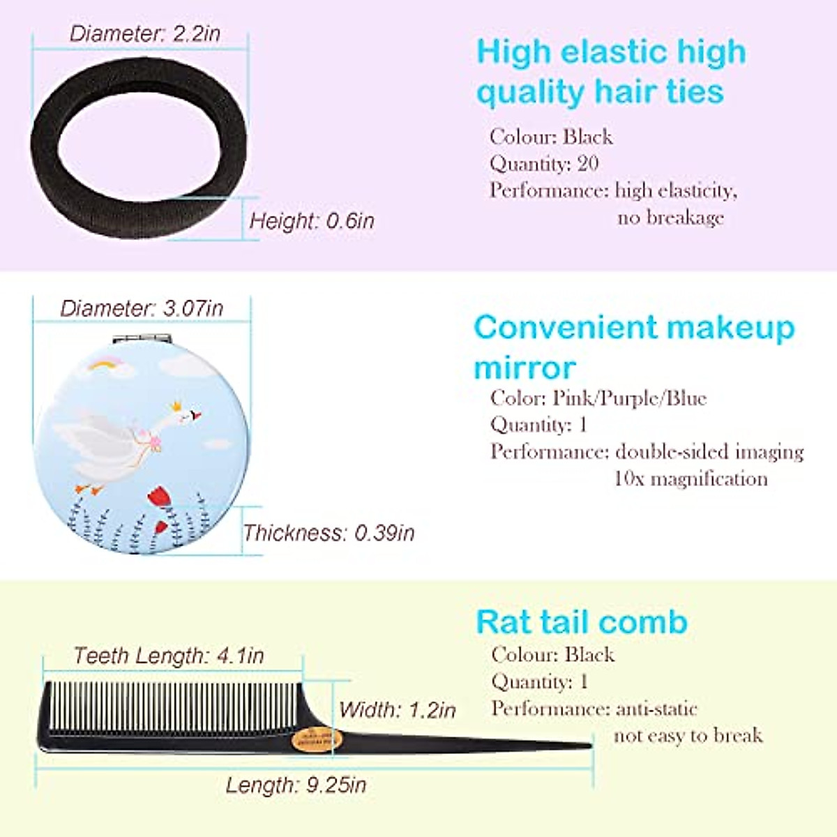 Hair Ties Bands Hair Ties Seamless for Women Elastic Hair Band for Women'S Hair Cotton Ponytail Hair Ties Hair Tie for Thick Hair 20pcs Black No Damage Hair Ties. 1pcs Rattail Comb Combs, 1pcs Compact Small Travel Mirror. Gifts for Mom.