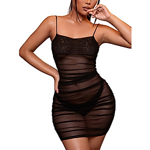 Verdusa Women's Ruched See Through Mesh Spaghetti Strap Bodycon Cami Dress Black M