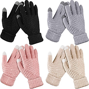 4 Pairs Women's Winter Touch Screen Gloves Warm Fleece Lined Knit Gloves Elastic Cuff Winter Texting Gloves (Black, Gray, Pink, Beige)
